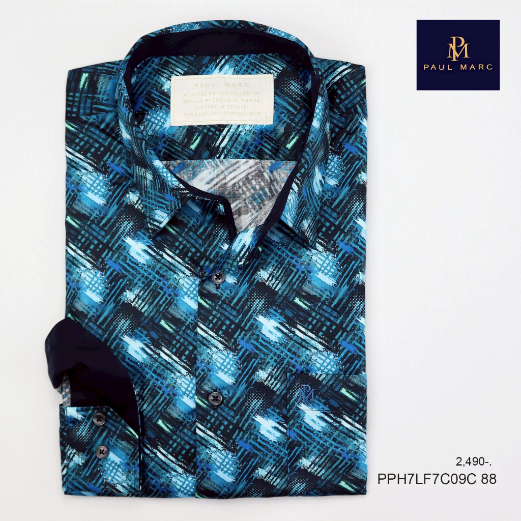 PAUL MARC เสื้อเชิ้ตลายพิมพ์กราฟฟิก สีน้ำเงิน slim signature print ผ้า ...