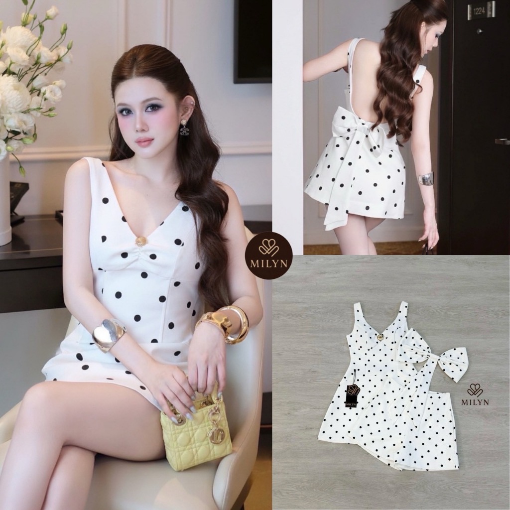 MILYN Setขาวจุดดำ โบว์ใหญ่ ถอด-ติดได้ | Shopee Thailand