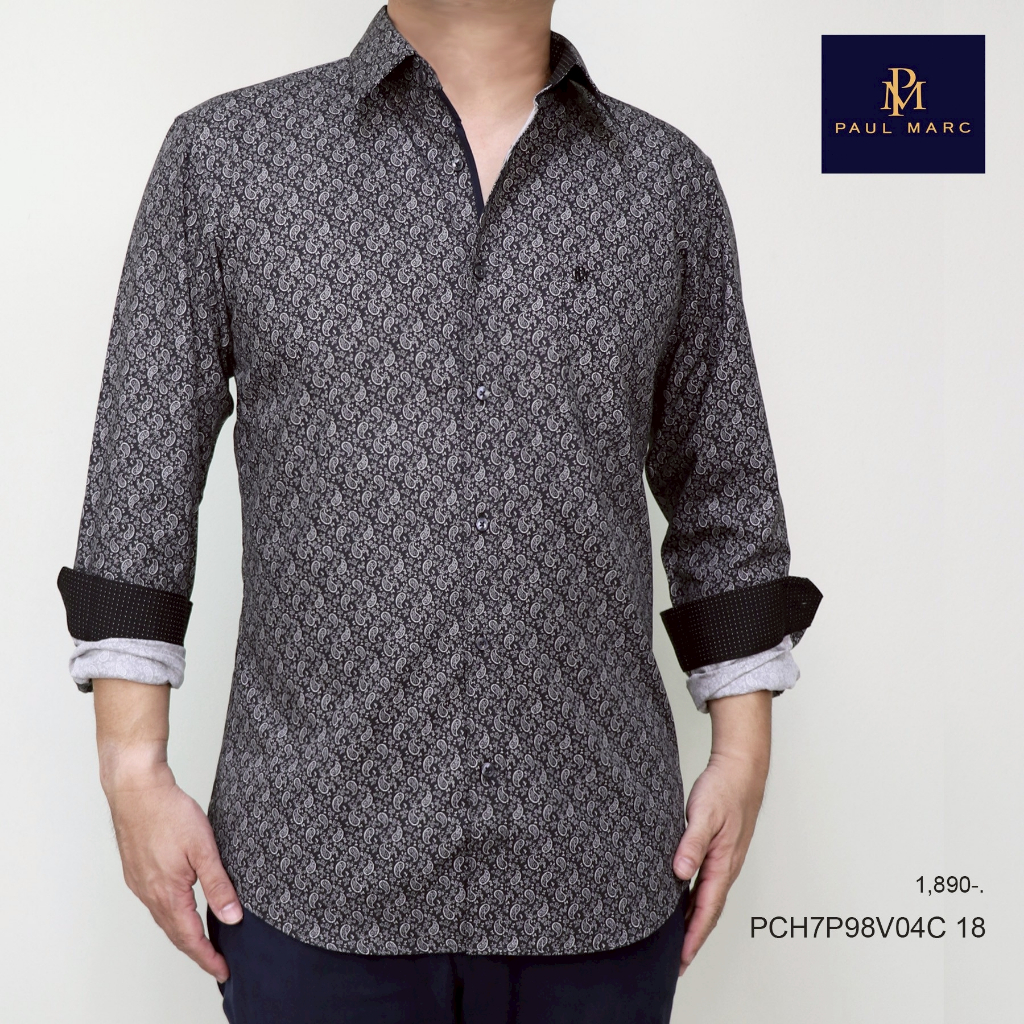 PAUL MARC เสื้อเชิ้ตแขนยาว ลายพิมพ์หยดน้ำ slim fit cotton ผ้านุ่ม รีด ...
