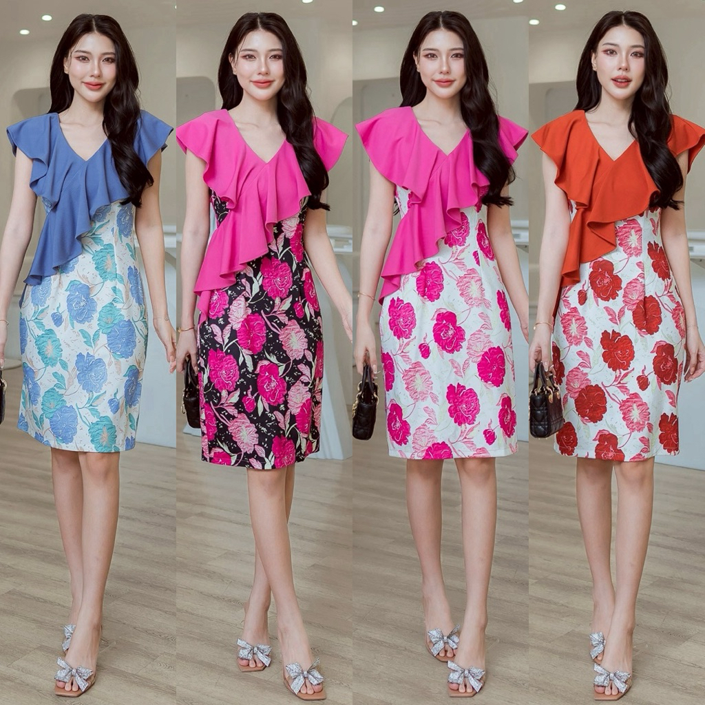 263 เดรสคอวีต่อระบายลายดอก (ผ้าเทพ REEYA) | Shopee Thailand