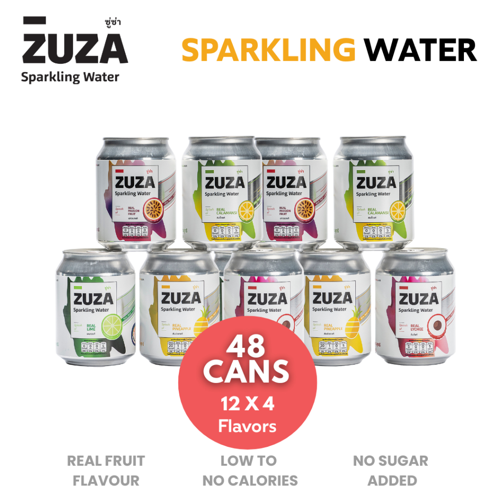 ZUZA Sparkling Water– 48 Cans (4 Flavors x 12 Cans) แพ็คใหญ่ 48 กระป๋อง ...