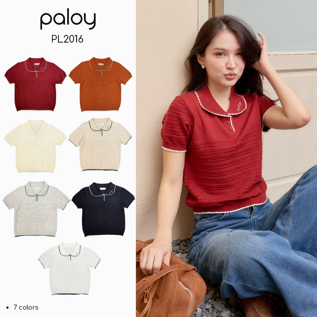 Paloy - PL2016 เสื้อไหมพรมแขนสั้น คอบัวขอบหยัก แต่งกระดุม | Shopee Thailand