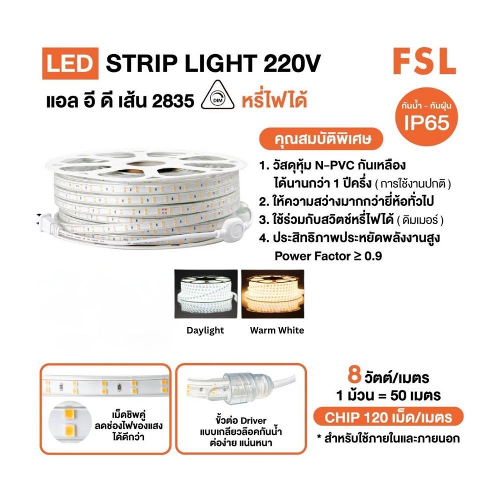 FSL ไฟ LED STRIP LIGHT ในท่อยางเม็ด 2835 กันน้ำ หรี่ไฟได้ ยกม้วน 50 ...