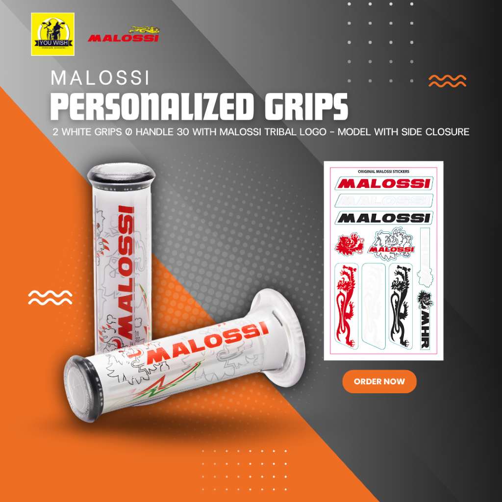 ปลอกแฮนด์ Malossi 2 WHITE GRIPS Ø HANDLE 30 WITH MALOSSI TRIBAL LOGO ...