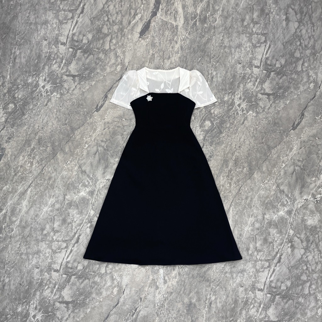 C366 BELLITA เดรสยาวแขนสั้นลายลูกไม้แต่งกระดุมเพชร ชุดทำงาน เดรสสีดำ ...