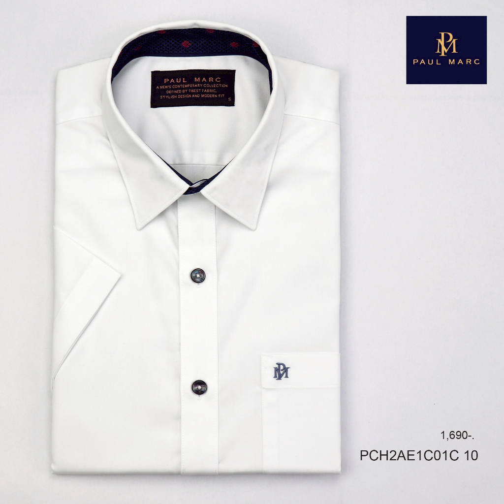 PAUL MARC เสื้อเชิ้ตแขนสั้นสีขาว ทำงาน slim fit signature twill ผ้านุ่ม ...