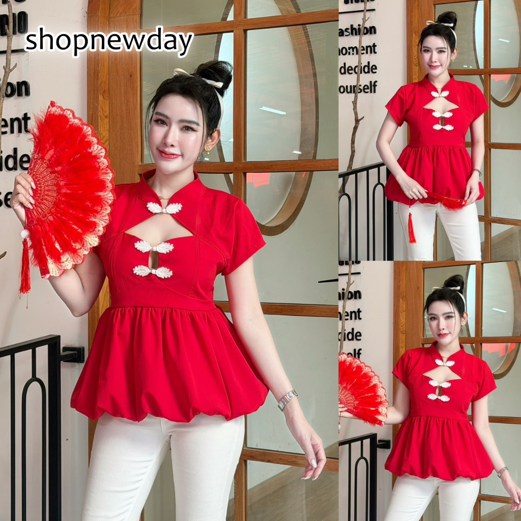 เสื้อตรุษจีน ผ้าครัช สไตล์บอลลูน เว้าอก ติดกี่เพ้า สม๊อคหลัง ใส่แมท ...