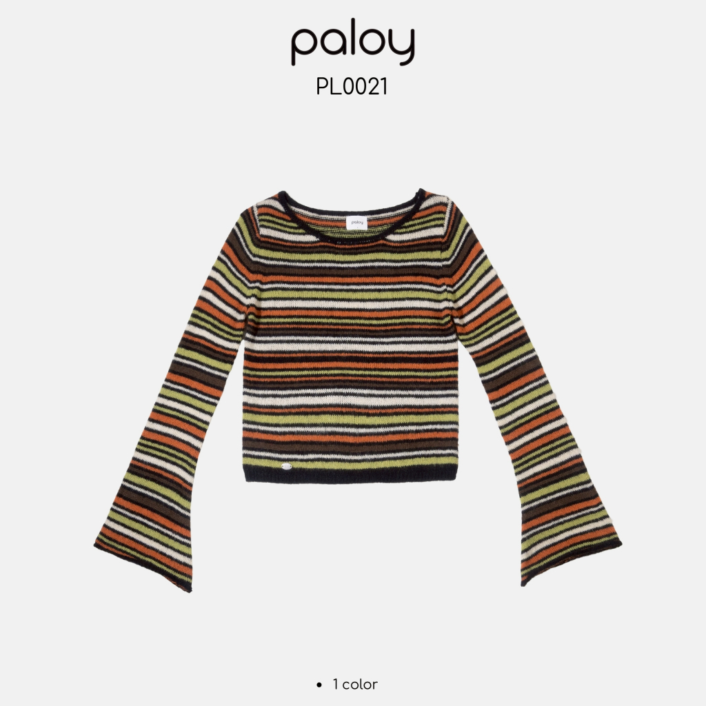 Paloy - PL0021 เสื้อไหมพรมถักแขนยาวลายริ้วแขนกระดิ่ง | Shopee Thailand