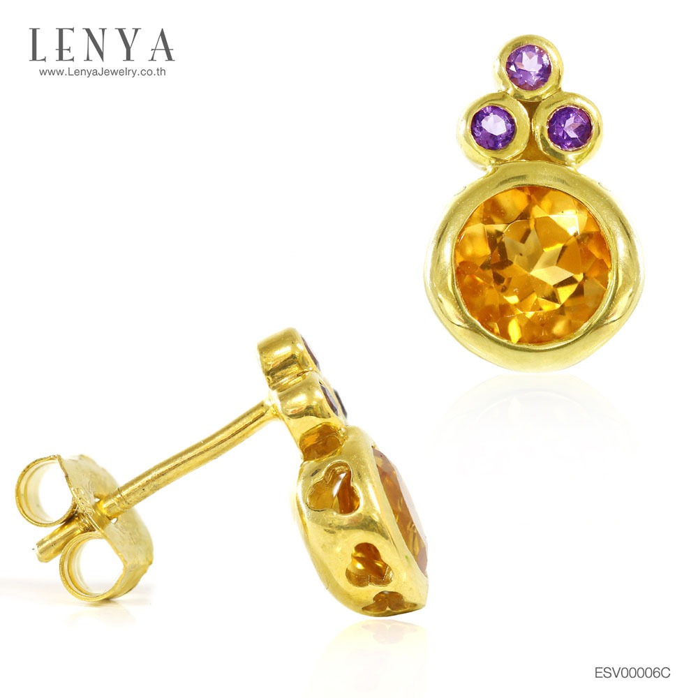 LENYA ต่างหู Citrine ประดับ Amethyst ตัวเรือนเงินแท้ 925 ชุบทองคำขาว ...