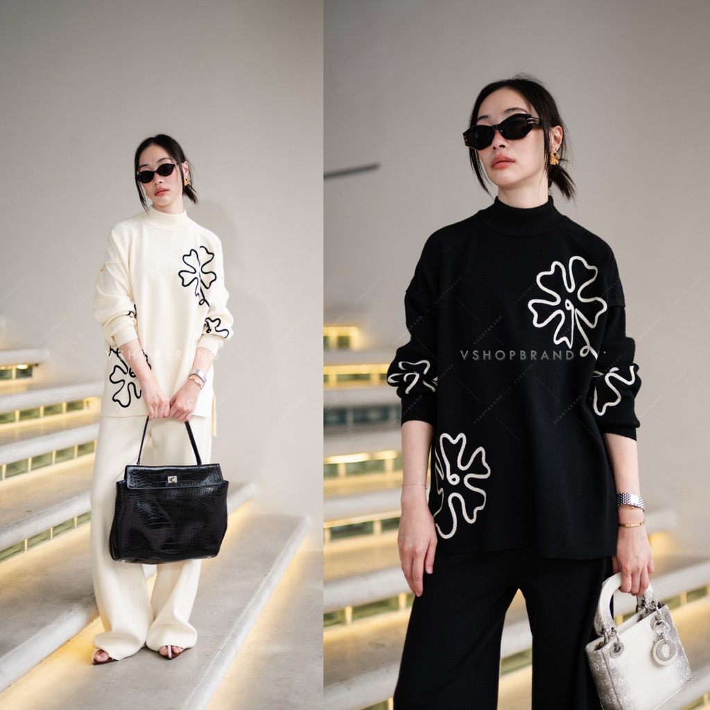 Set เสื้อแขนยาวไหม ชุดทำงานไหมพรม Vshop C9181 | Shopee Thailand