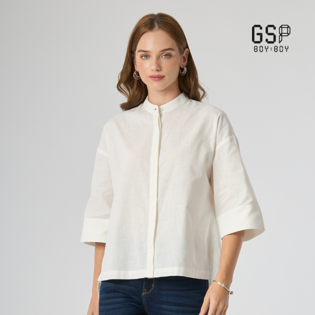 GSP BOY BOY เสื้อเชิ๊ตผู้หญิง คอตั้ง แขนสามส่วน สีขาว woman's shirt ...