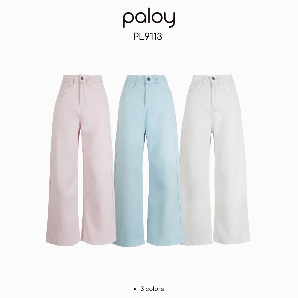 Paloy - PL9113 กางเกงยีนส์ขากระบอกใหญ่ สีพาสเทล แต่งหูเข็มขัดคู่ ...
