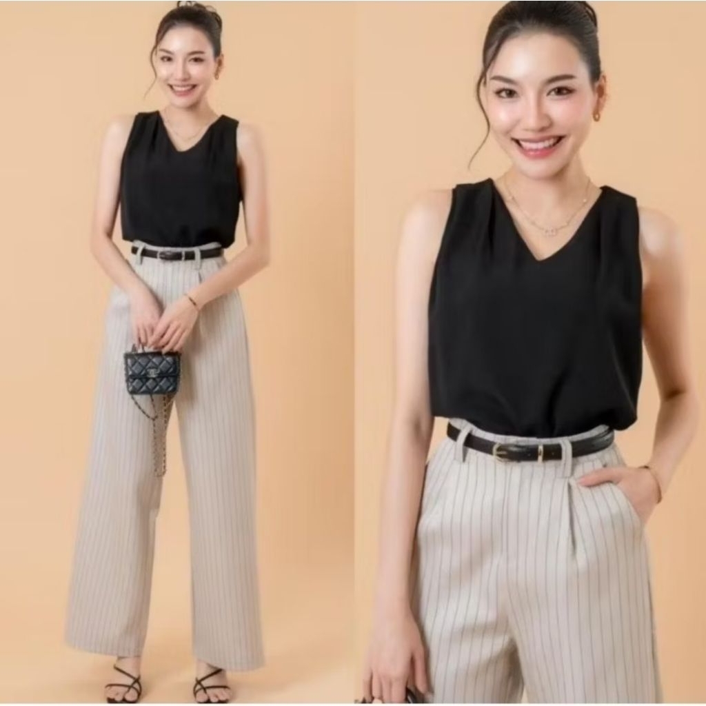 The Alner งานป้าย ชุดเซ็ทเสื้อแขนกุด กางเกงขายาวลายริ้ว ไม่มีเข็มขัด (L ...
