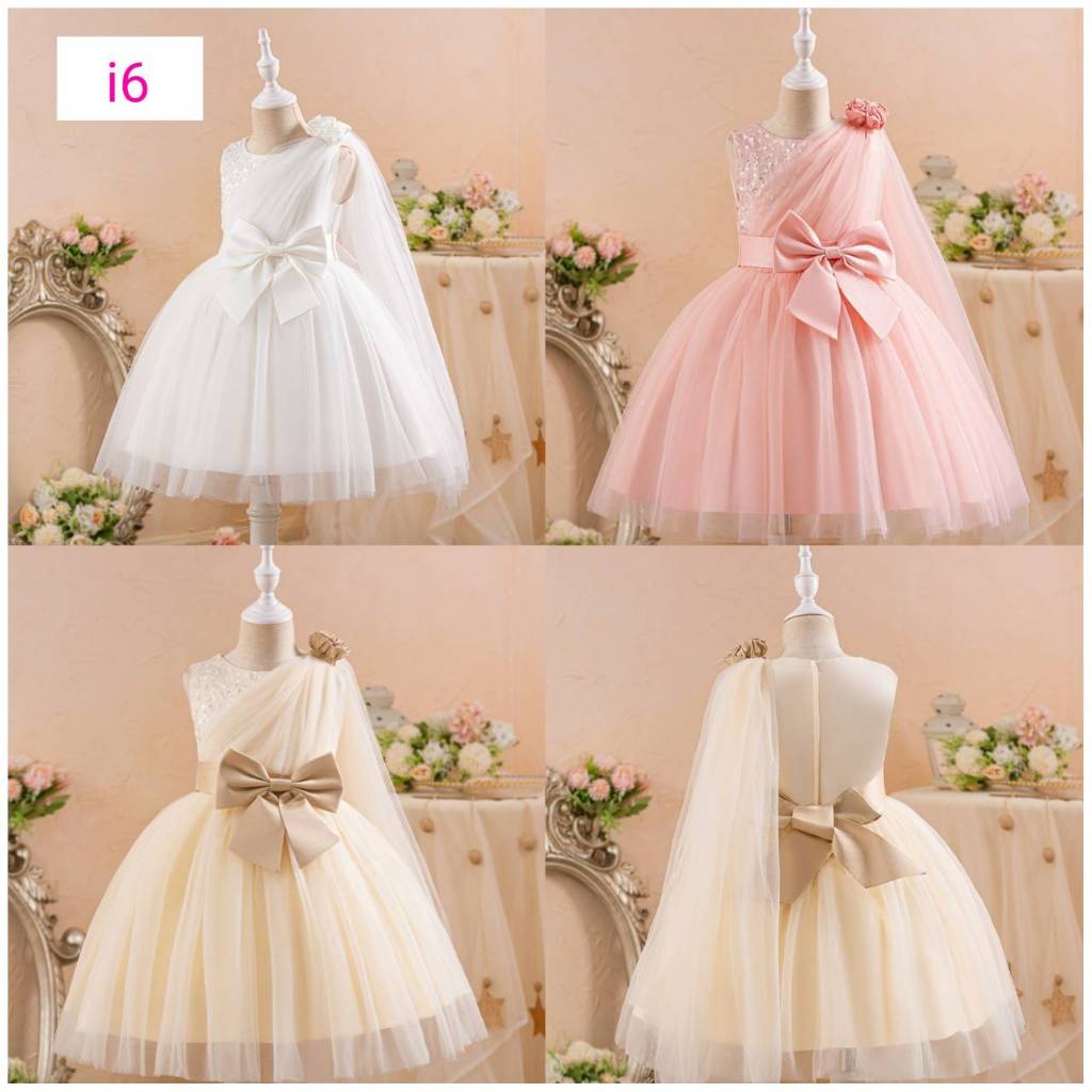 i6 ชุดเดรสออกงานเด็กสไบไหล่ สีขาว ชมพู ครีมทอง พร้อมส่งจากไทย | Shopee ...