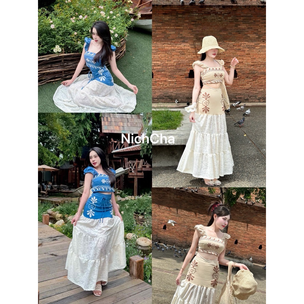 Set2ชิ้น เสื้อผ้าปักลายน่ารักซิปหลัง+กระโปรงยาวมีซิปข้าง ชุดเที่ยวเขาแคมปิ้ง nichcha | Shopee ...