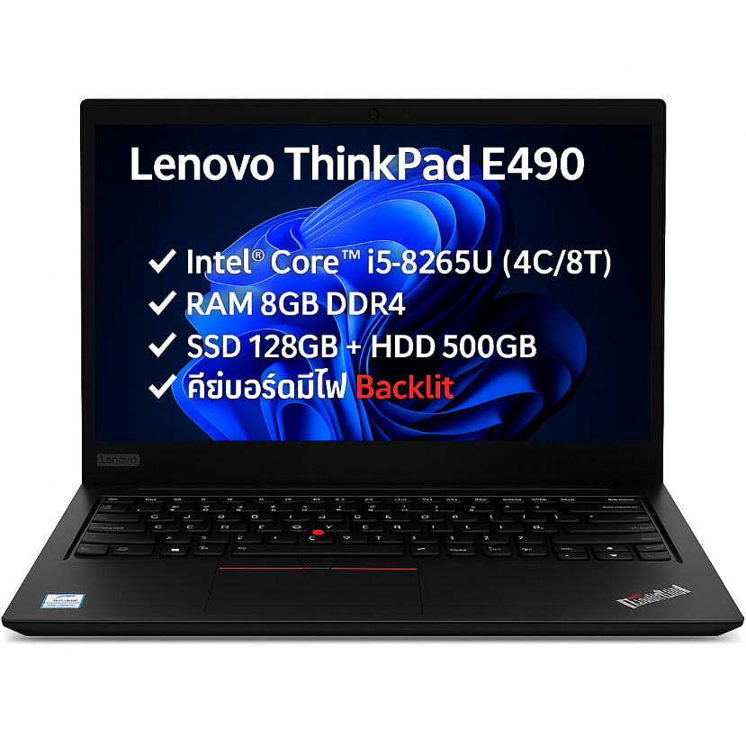 Lenovo ThinkPadE490 | i5 gen8 / วินโดแท้| RAM 8GB | SSD m.2 128GB+HDD 500 gb |คีย์บอรดไฟ มีกล้อง ...