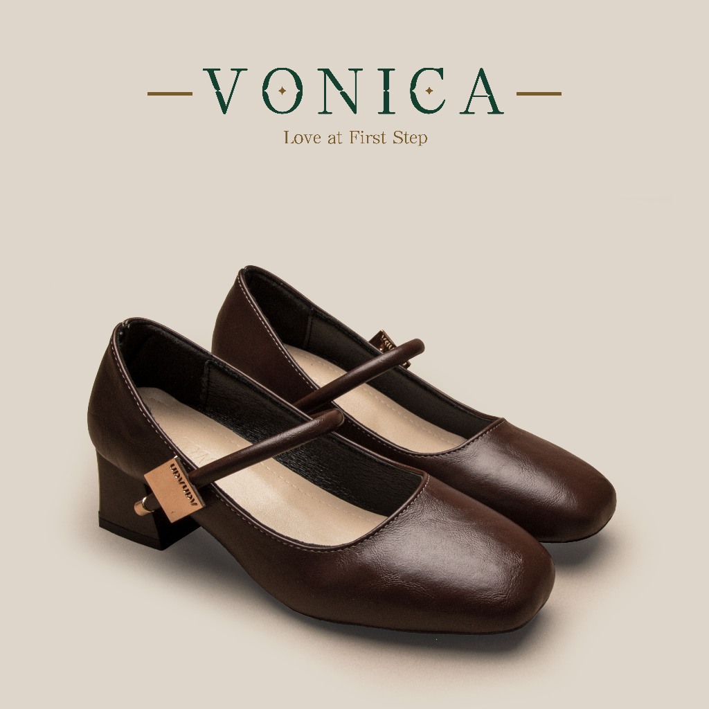 VONICA รองเท้าส้นสูงแมรีเจนสีน้ำตาลสำหรับผู้หญิง รองเท้าพัมพ์สวมทำงาน ...