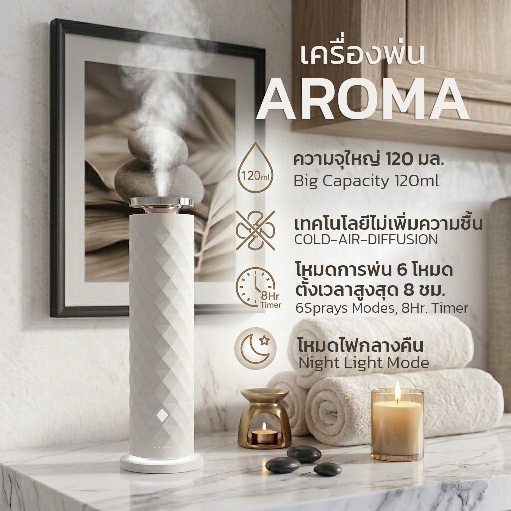 เครื่องพ่น AROMA Tower Luxury รุ่นPD10W ขาว 120ml ระบบWaterlessหอมไกล ...