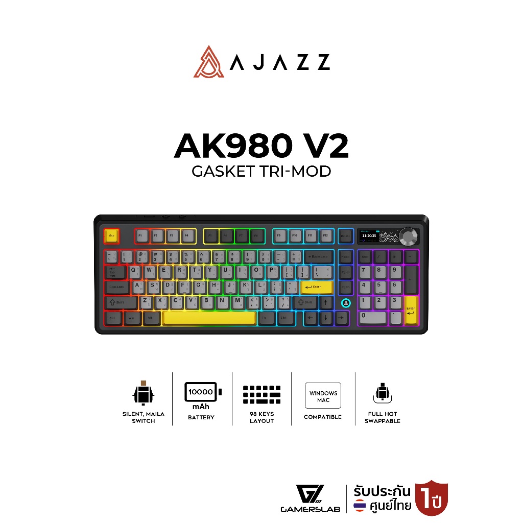 คีย์บอร์ดเกมมิ่ง Ajazz AK980 V2 10,000mAh Tri-Mod Gasket Mechanical ...