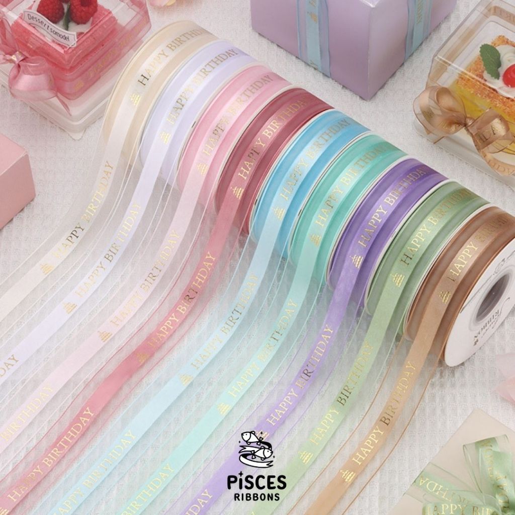 2 หลา * 2.5 cm. Aurora Pastel Birthday Ribbon – ริบบิ้นซาตินพิมพ์ทองลาย ...