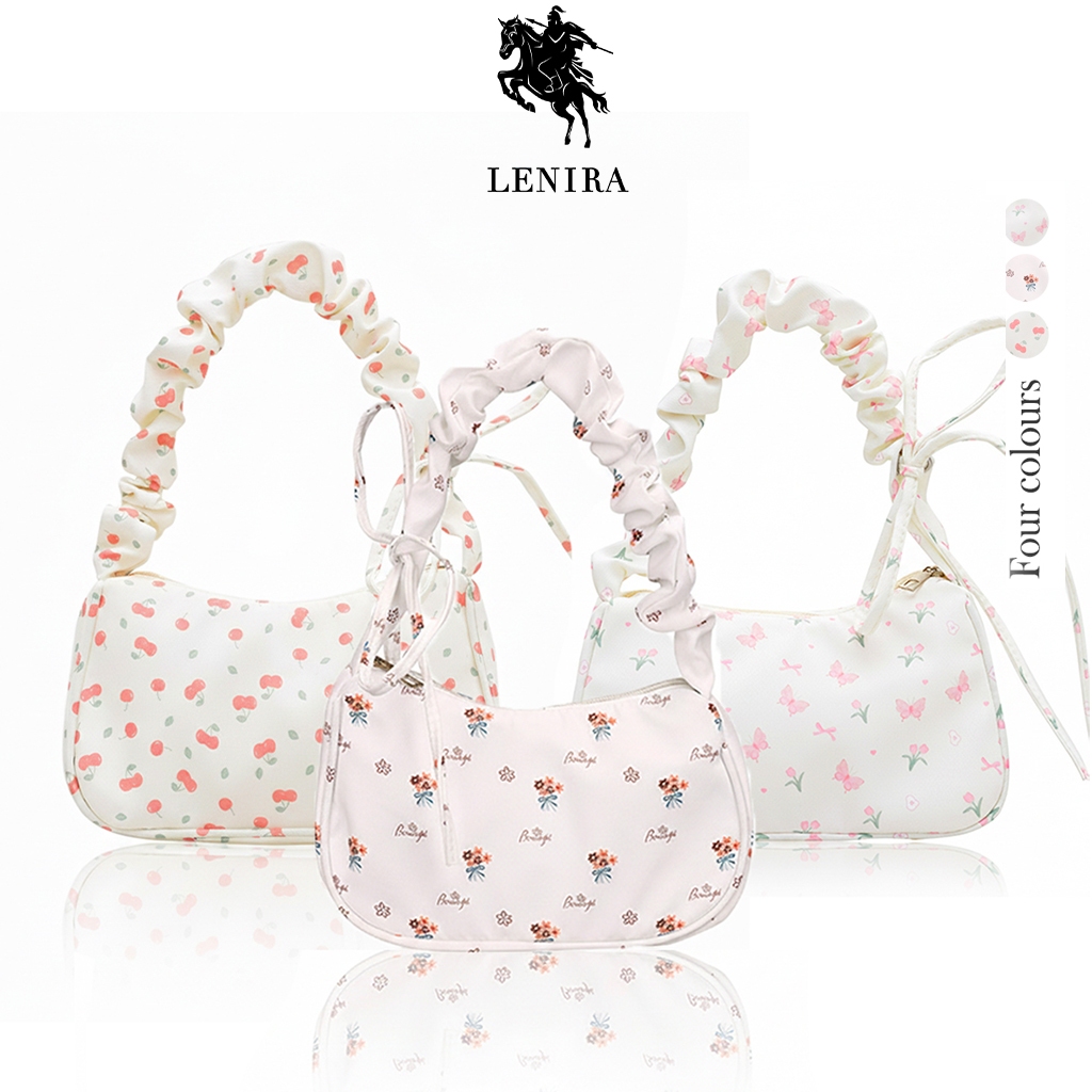 Lenira (B2219) กระเป๋าถือสะพายไหล่ลายดอกไม้ใบเล็ก ปรับสายย่นน่ารัก ...