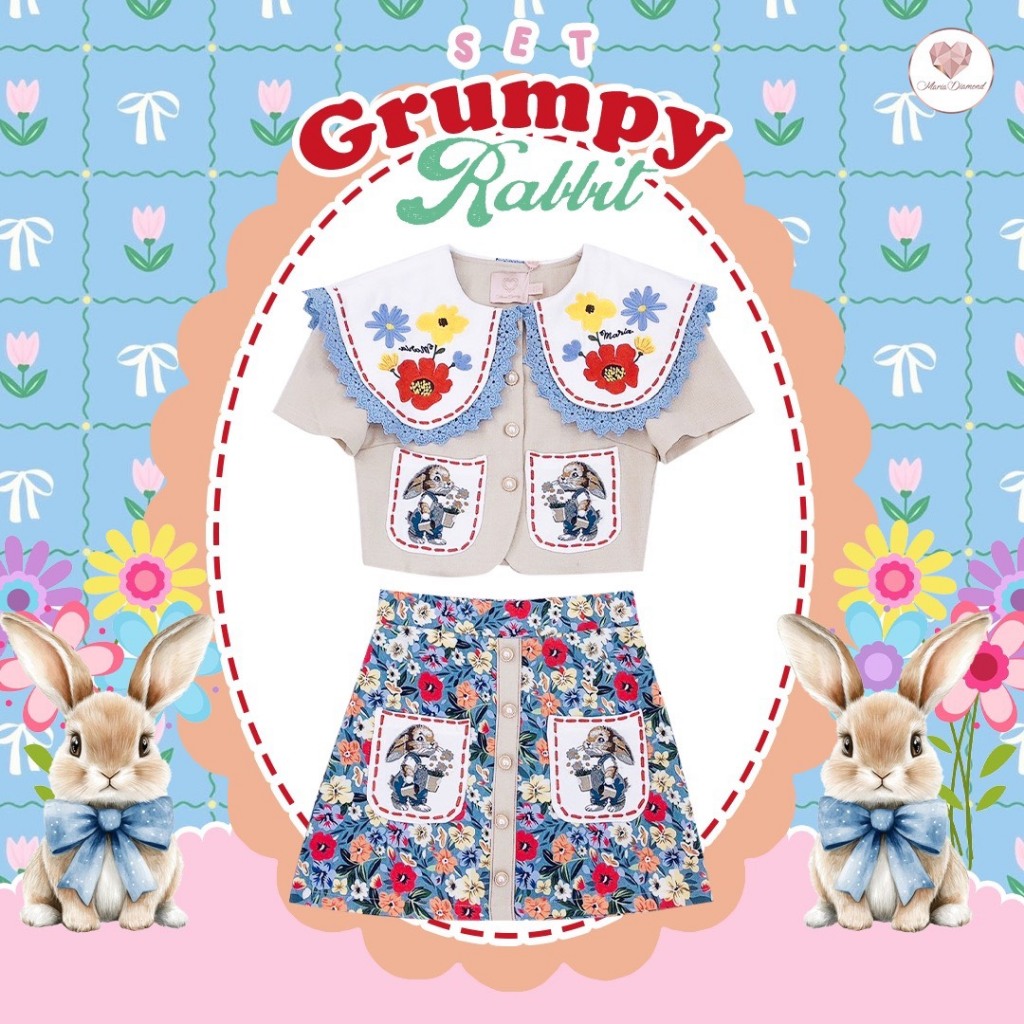 (มี3XL) Grumpy Rabbit Set เซ็ต 2 ชิ้น เสื้อคอบัวกระดุมหน้าผ้าทองานปัก ...