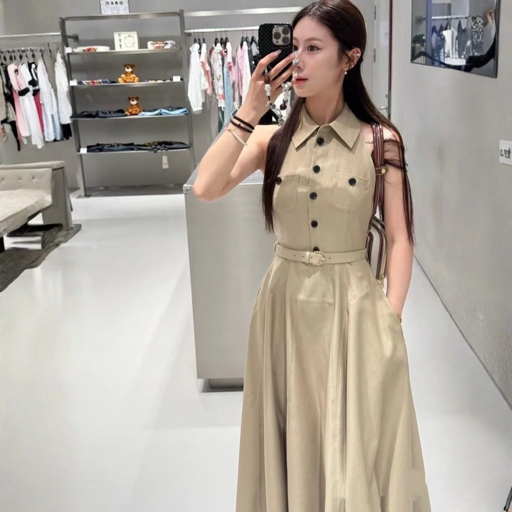 [LISA] A1217 ชุดเดรสกระโปรงยาวคอปกแขนกุดกระดุมหน้าแต่งกระเป๋าเข็มขัด ...