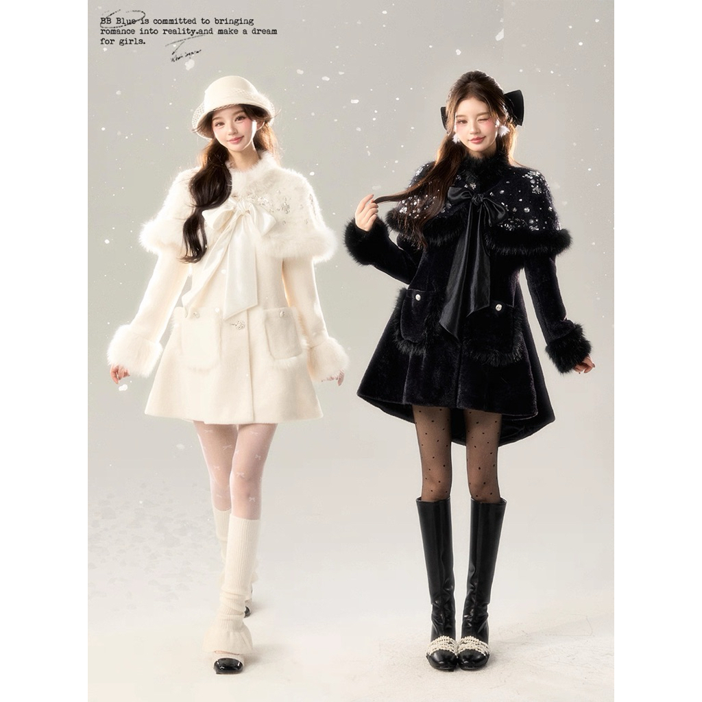 (Pre-order) BB Blue Princess Style Faux Fur Embroidered Short Cape Coat ...