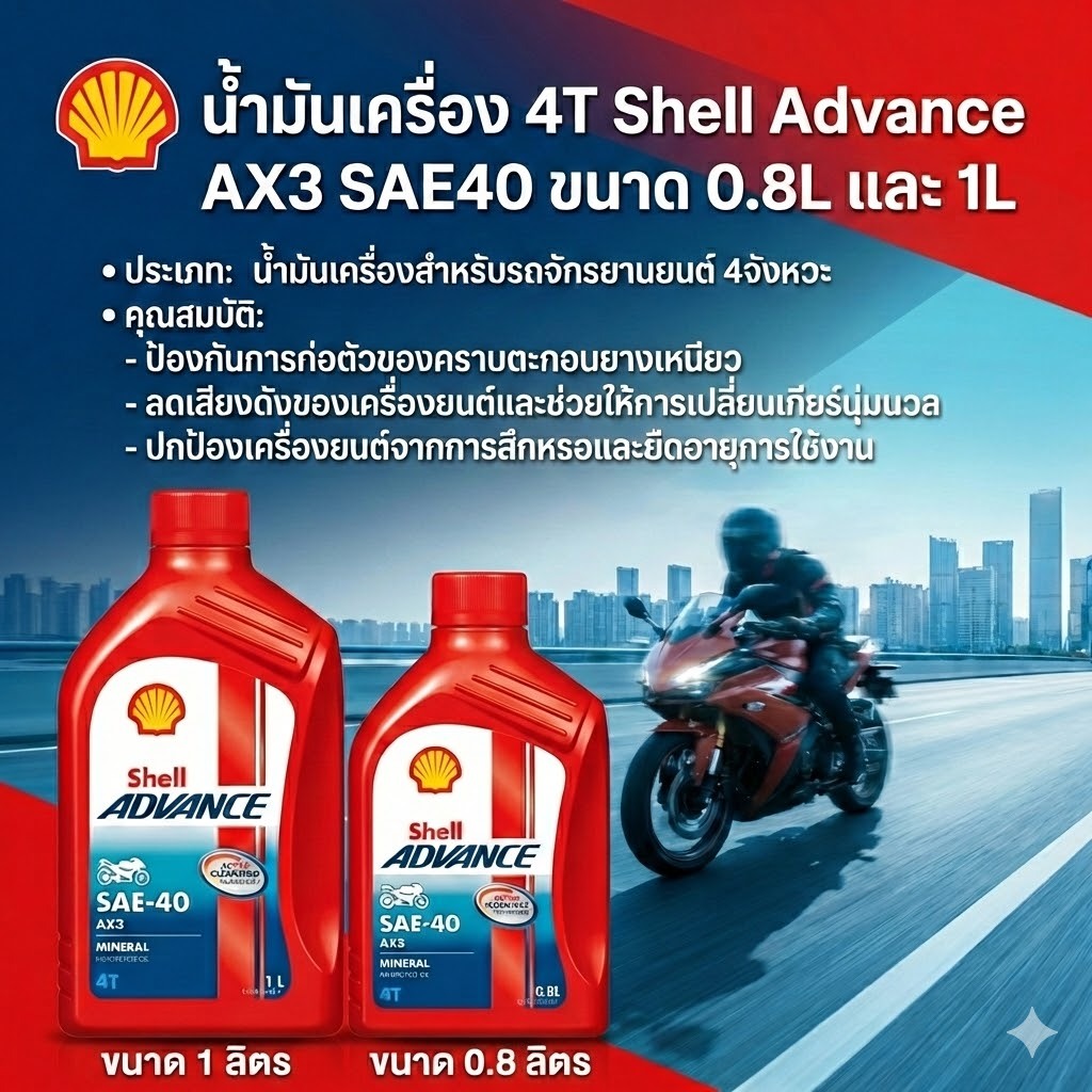น้ำมันเครื่อง 4T เชลล์ แอดวานซ์ เอ เอ็กซ์ 3 Shell ADvance AX3 SAE 40 ...