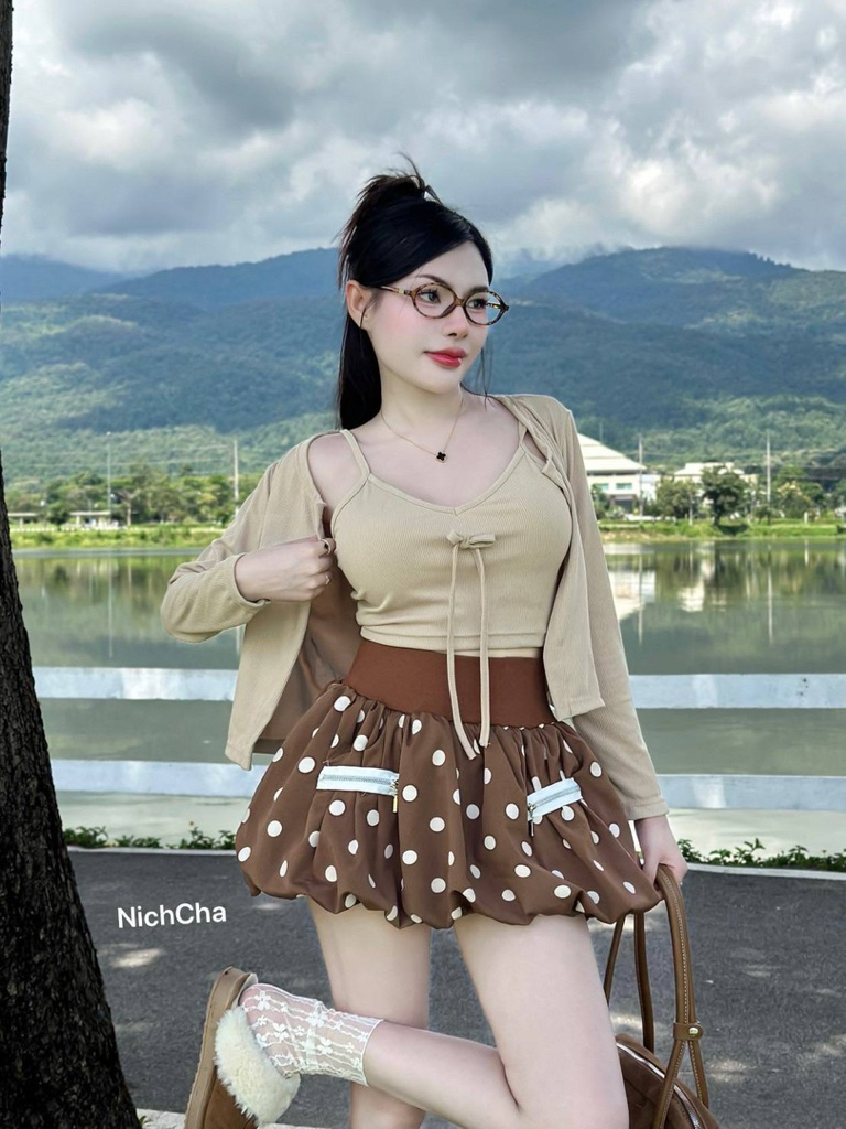 #Nicha Polkadot น่ารักปังสุด Set 3 ชิ้น สายเดี่ยวผูกโบว์ เสื้อคลุมแขนยาว กระโปรงบอลลูนเอวสูง มี ...