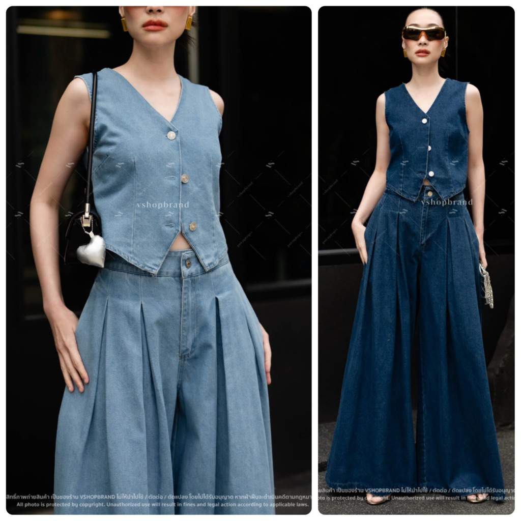 Vshop #23193 Set กั๊กยีนส์แขนกุดหน้า+กางเกงยีนส์จับจีบหน้า | Shopee ...