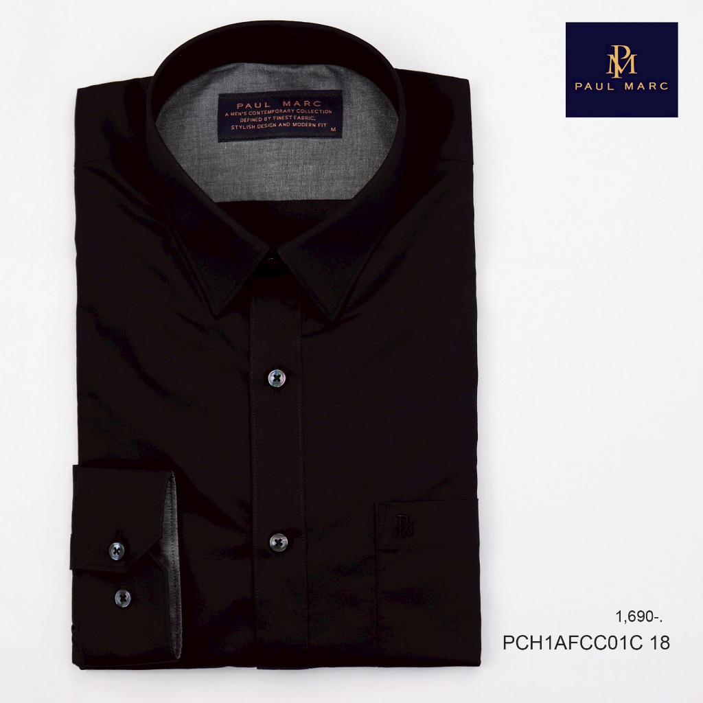 PAUL MARC เสื้อเชิ้ตทำงาน สีดำ แขนยาว cotton 100% slim fit รีดง่าย ผ้า ...