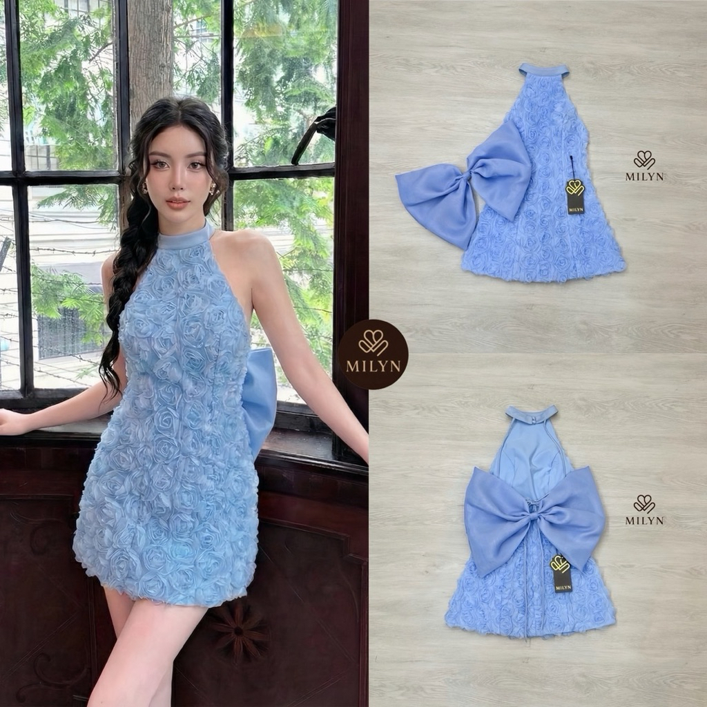 MILYN เดรสสั้นผ้าดอกไม้3D สีฟ้าสดใสทรงแขนกุดคล้องคอมีกระดุมงานโชว์หลัง ...