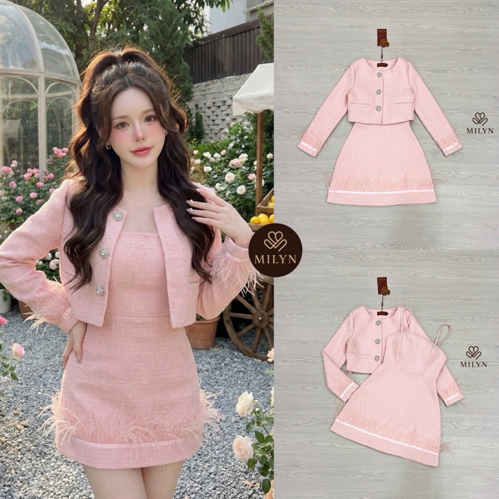 MILYN Setเสื้อคลุมแขนยาวคอกลม เนื้อผ้าทวิตสีชมพูอ่อน | Shopee Thailand