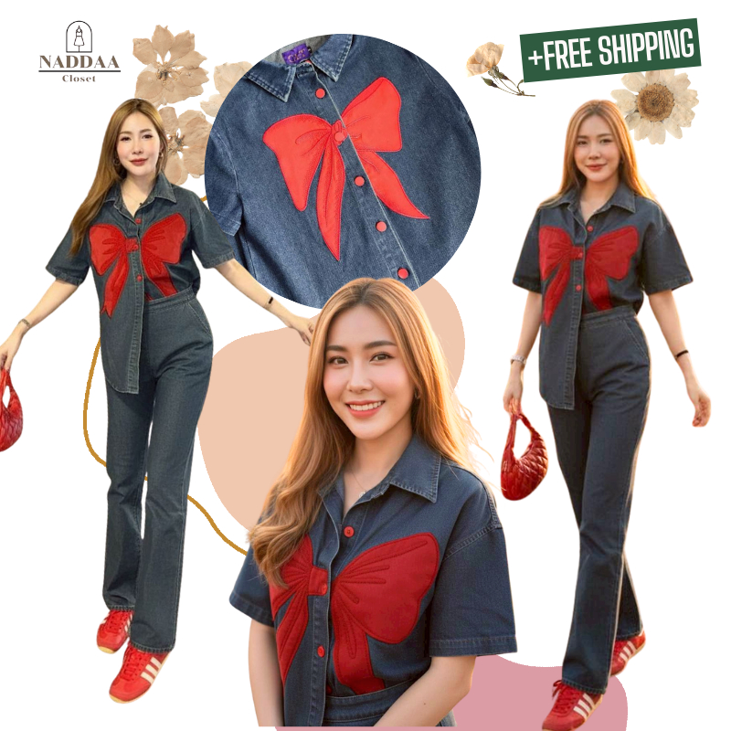 [ป้ายTag : CLT collection] เซ็ต2ชิ้น set ยีนส์ งานปักโบว์แดงอลังๆๆ ...