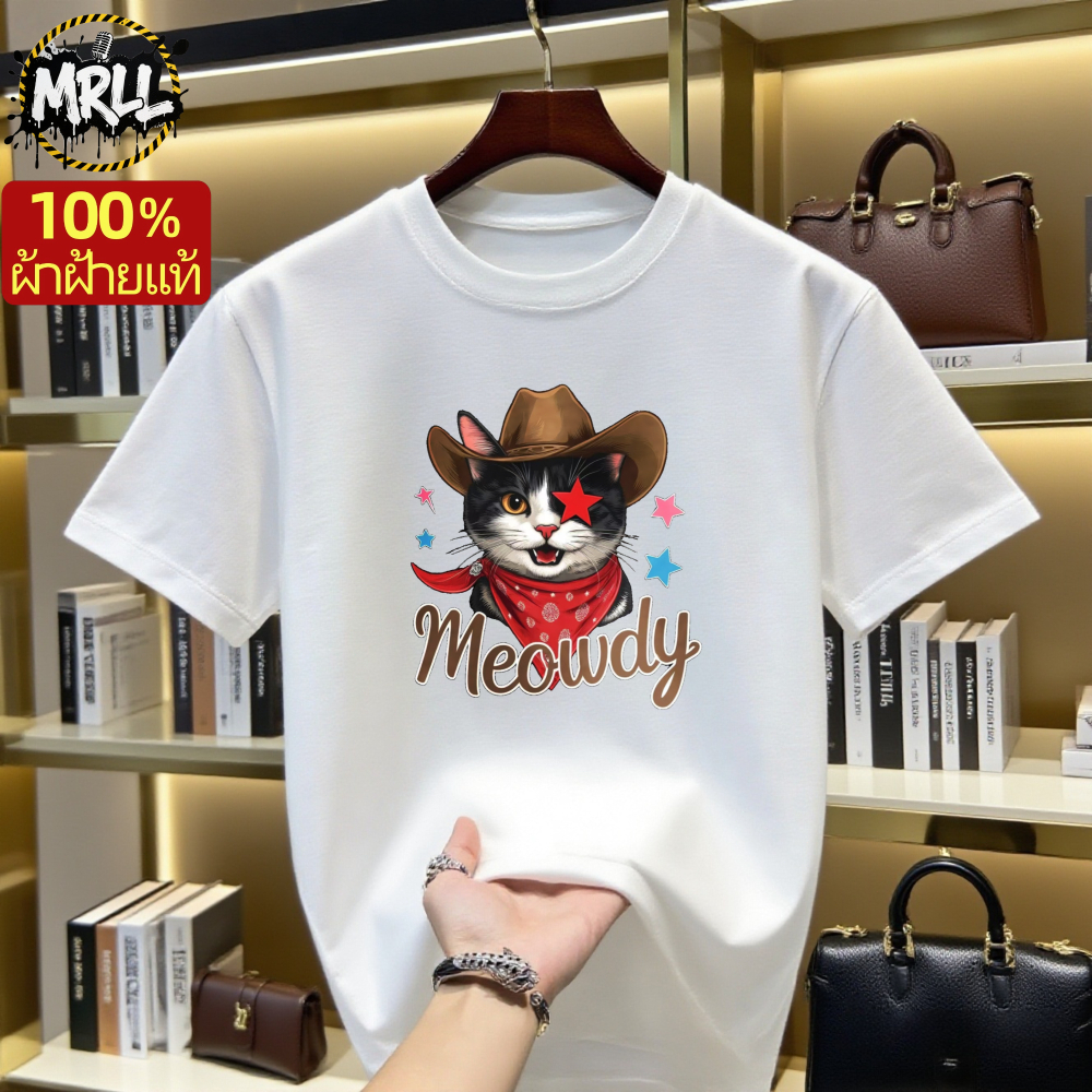 【จัดส่งจากไทย】MRLL เสื้อยืดผู้ชาย สไตล์สตรีทอเมริกัน แมว หมวกคาวบอย การ ...