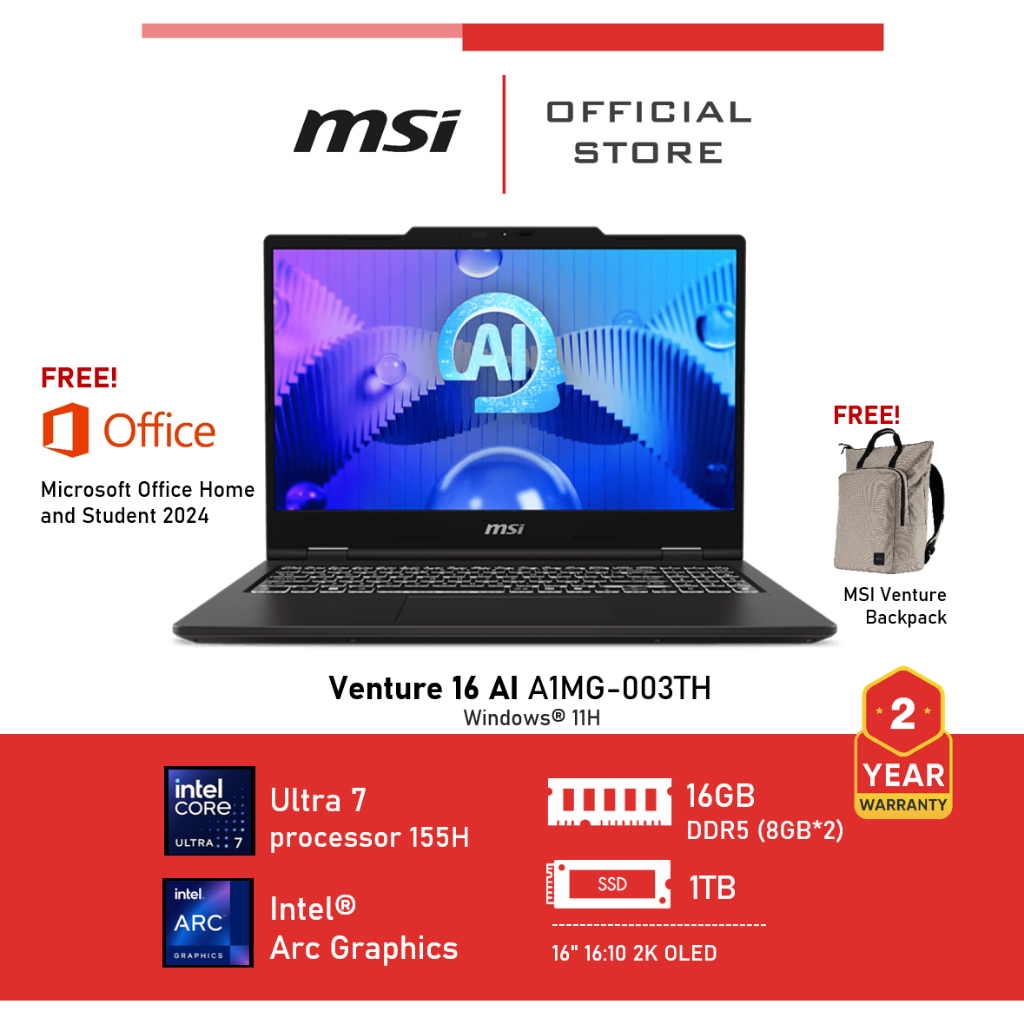 [Pre-Order] MSI Venture 16 AI A1MG-003TH (Intel® Core™ Ultra 7) Laptop ...