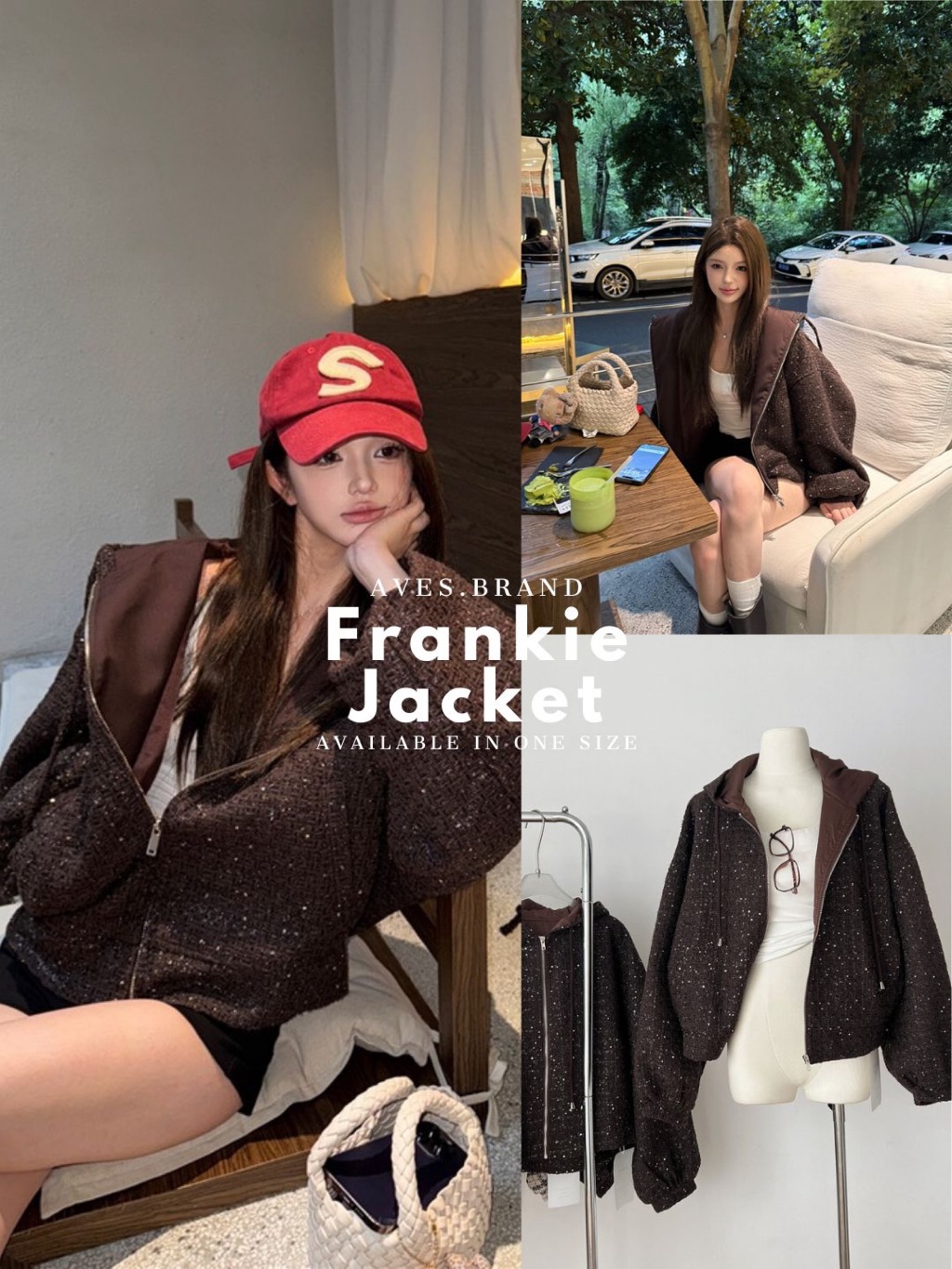 AVES.BRAND FRANKIE JACKET เสื้อฮู้ดผ้าทวิตปักเลื่อมสีน้ำตาล | Shopee Thailand