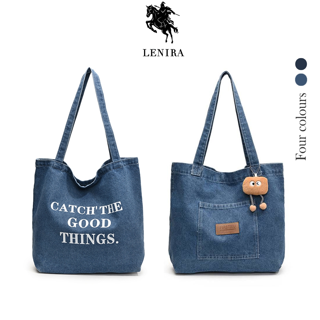 Lenira (B2246) กระเป๋าผ้ายีนส์สะพายไหล่ GOOD THINGS. ใบใหญ่ใส่หนังสือ ...