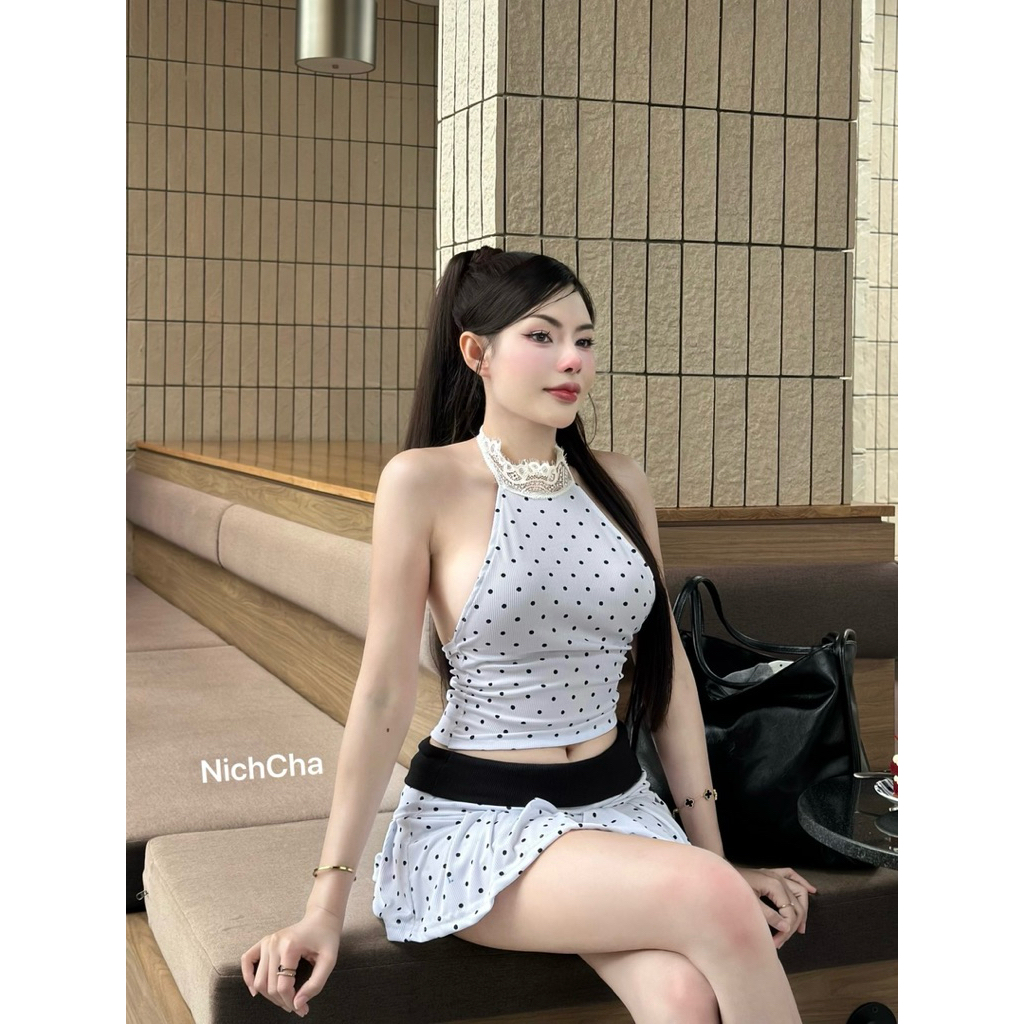 #Nicha Polkadot มาในลุคพี่สาวเวียดนาม Set2ชิ้น เสื้อผูกคอลูกไม้ มีกระดุม กระโปรงเอวพับทูโทน มี ...