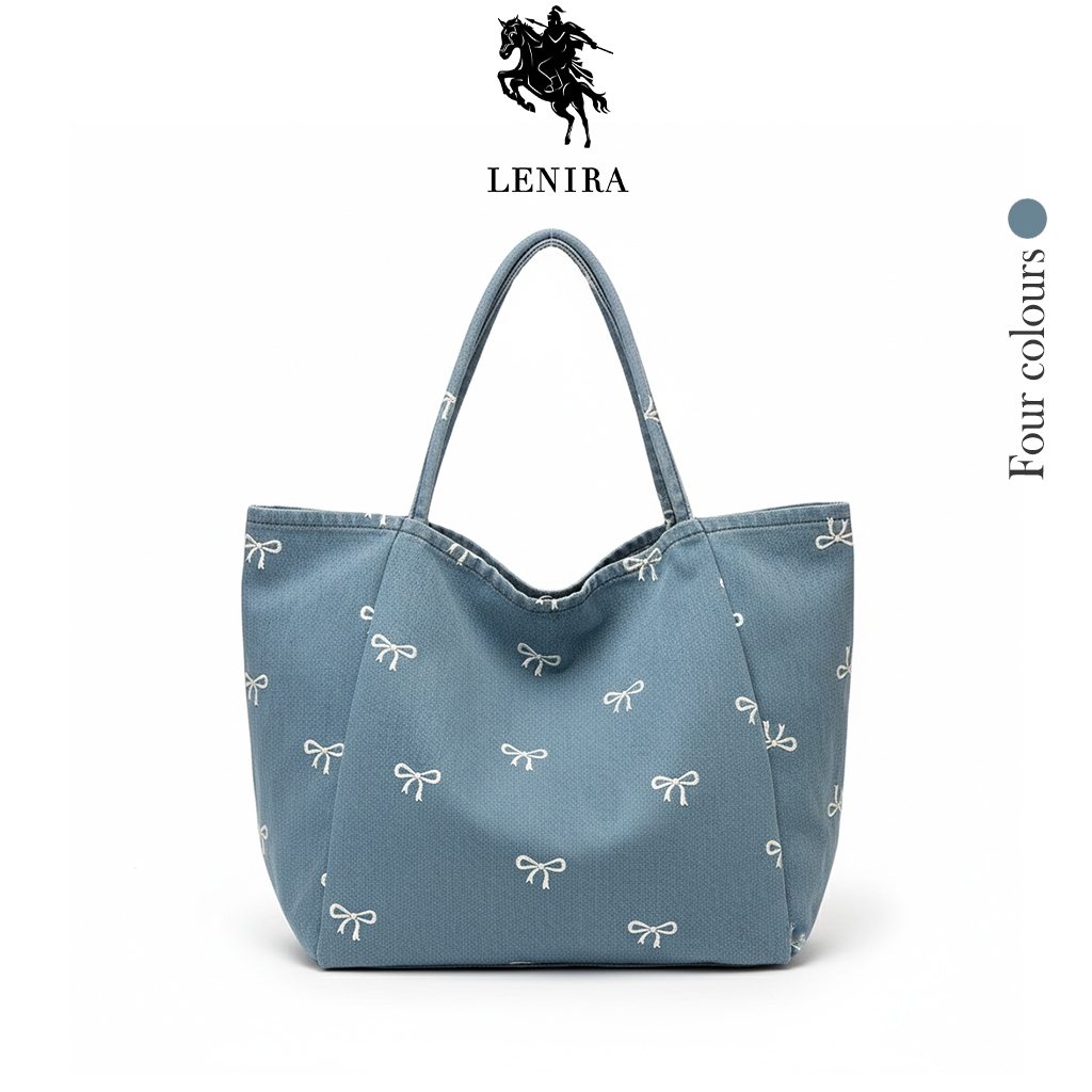 Lenira(B2247) กระเป๋าผ้าสะพายไหล่ ยีนส์ลายโบว์-ใบใหญ่ใส่หนังสือได้(ไม่ ...