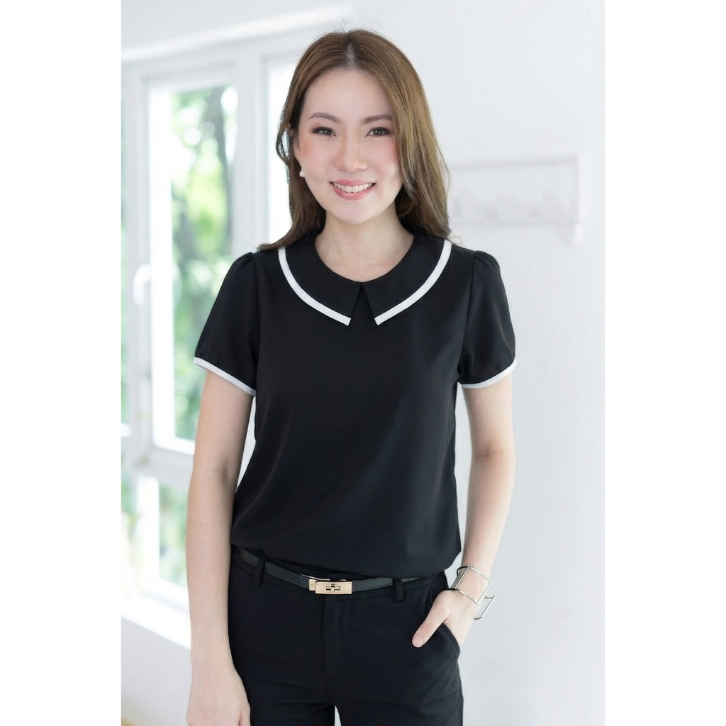 Narinari : MT6610 Point Collar Blouse เสื้อทำงานทรงปกบัวตัดปลายแหลม แขนสั้น แต่งขอบ | Shopee ...