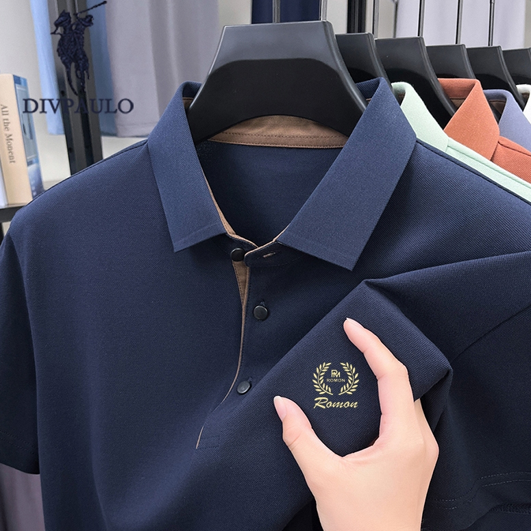 DIV POLOผู้ชายผ้าฝ้ายแท้เสื้อโปโลปกปักแขนสั้นสีทึบสบายๆทุกการแข่งขัน ...