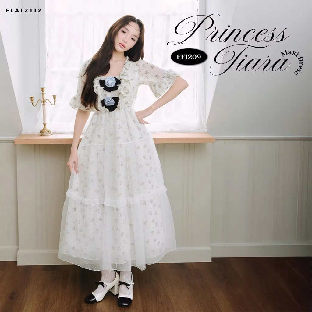 FLAT2112 : PRINCESS TIARA MAXI DRESS เดรสยาวสุดละมุนลายดอกสีขาว กลัดดอก ...