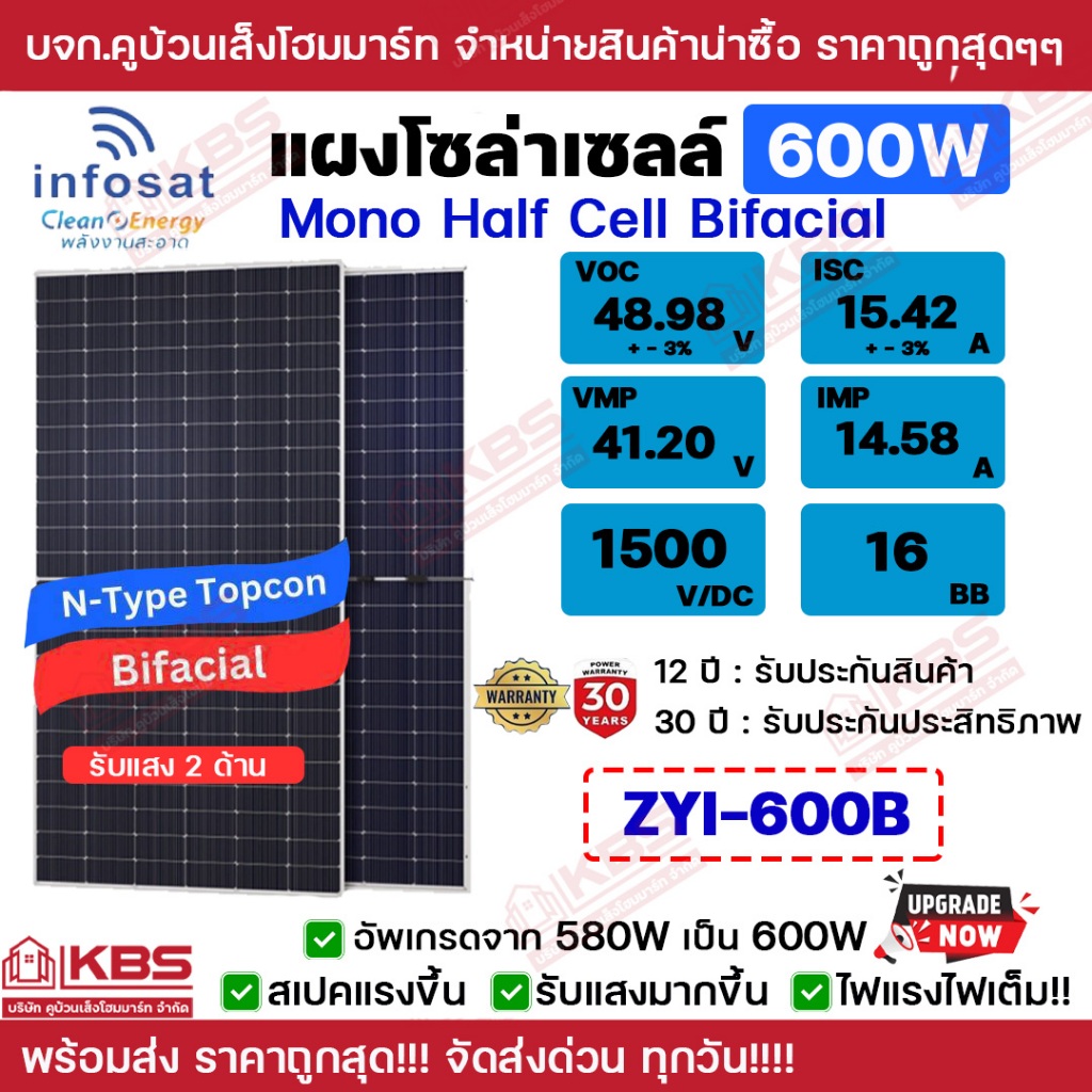 INFOSAT แผงโซล่าเซลล์ กรอบดำ 600W Mono Half Cell รับแสง 2 ด้าน อัพเกรด ...