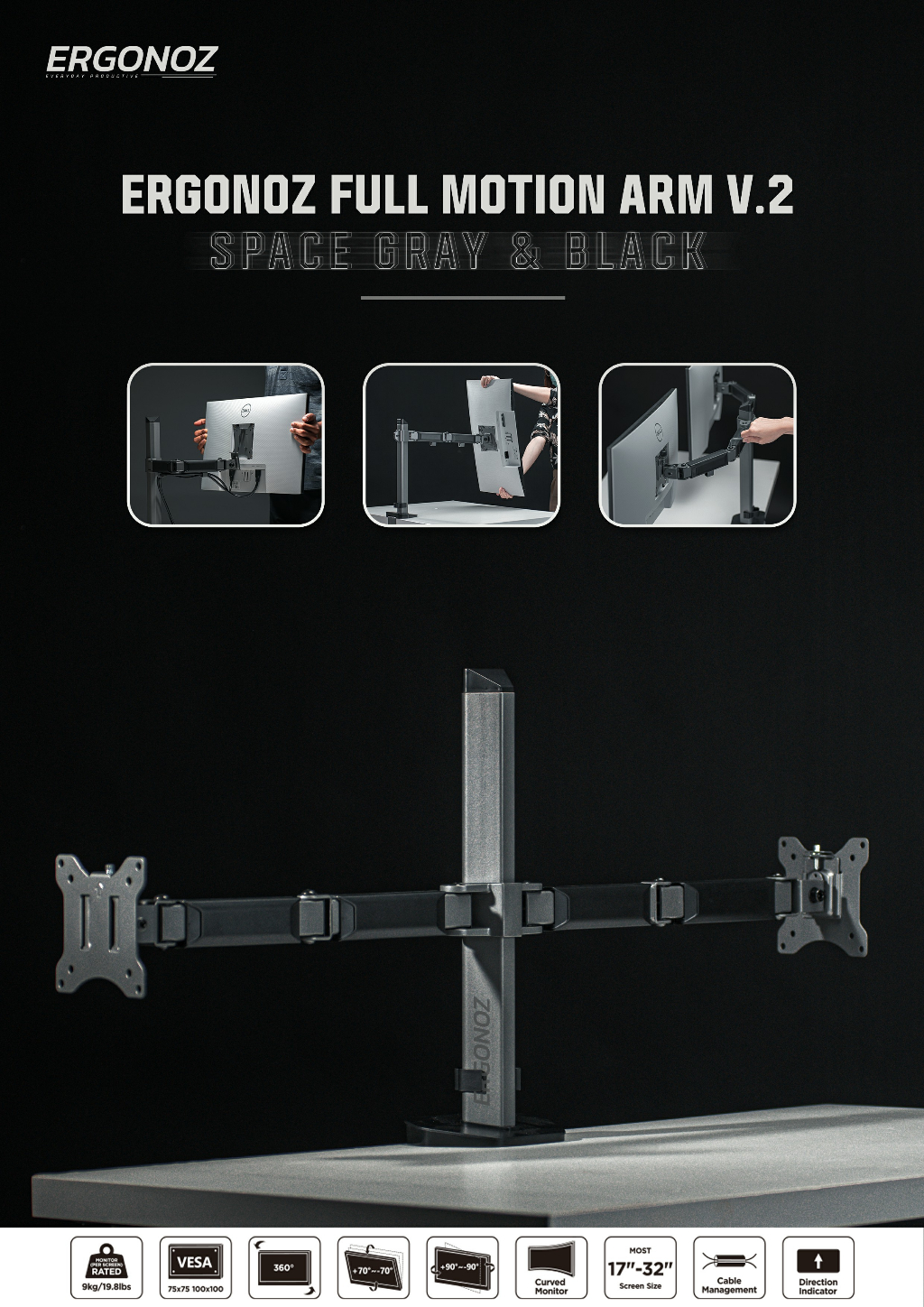 ERGONOZ ของแท้ 100% แขนจับจอ ขาตั้งจอคอมพิวเตอร์ Monitor Arm EGN-FMAV2-D สำหรับหน้าจอ 17 - 32 ...