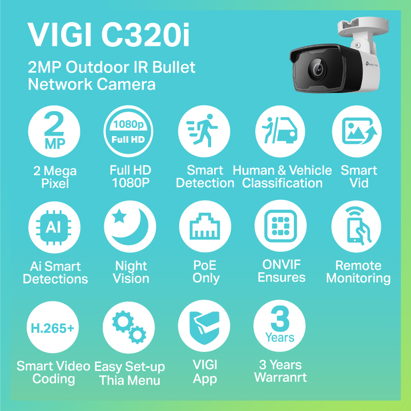 TP-Link VIGI C320I (4mm) กล้องวงจรปิด 2MP Outdoor IR Bullet Network ...