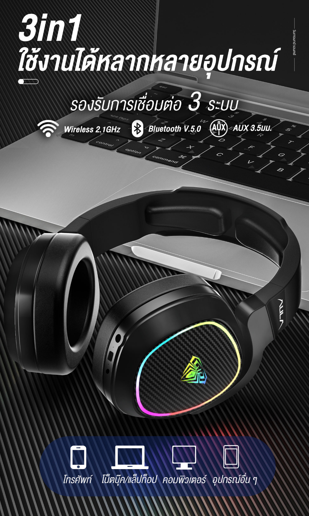 หูฟังเกมมิ่งไร้สาย - AULA F608 - Surround 7.1 รองรับ 3 ระบบ Wireless 3in1 RGB Gaming Headset ...