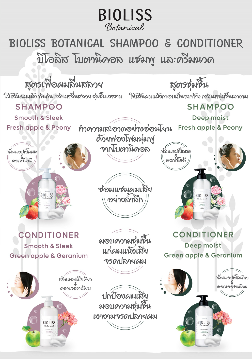 BIOLISS BOTANICAL FRESH APPLE & PEONY DEEP MOIST SHAMPOO 480 ml / แชมพูทำความสะอาดเส้นผม และหนัง ...