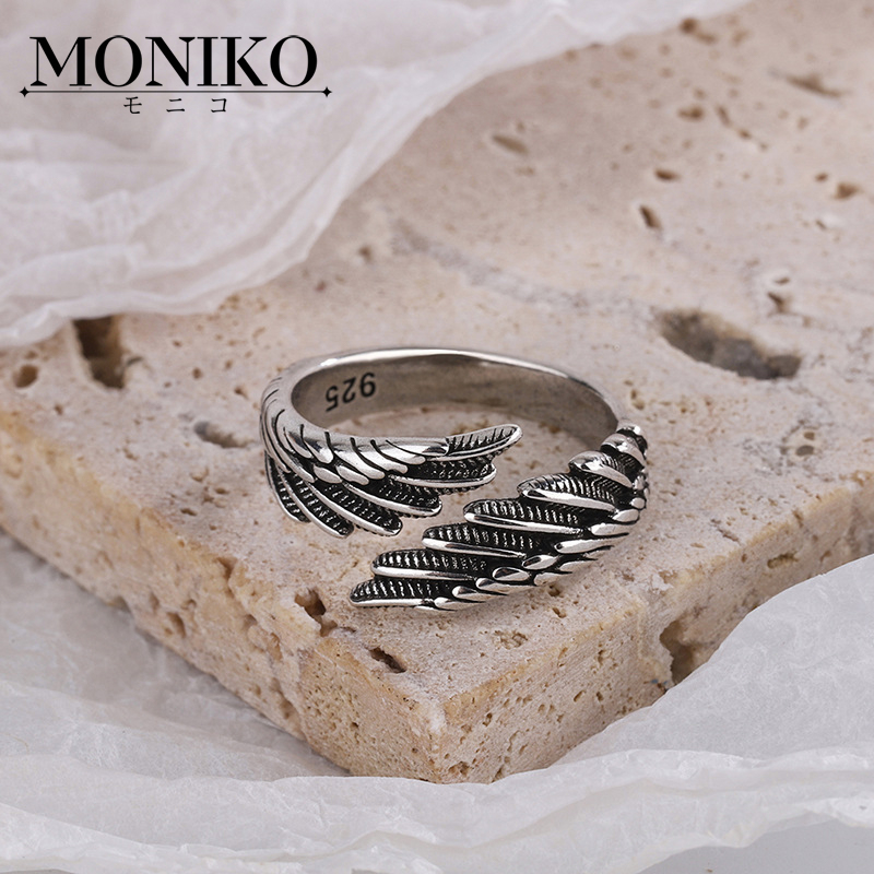 MONIKO แหวนสเตนเลส สไตล์พังก์ ปรับได้ เครื่องประดับแฟชั่น แหวนขนนก ...